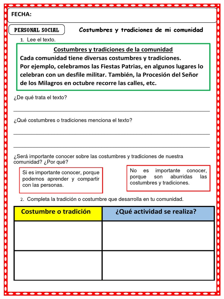 Actividades sobre Costumbres y Tradiciones | PDF