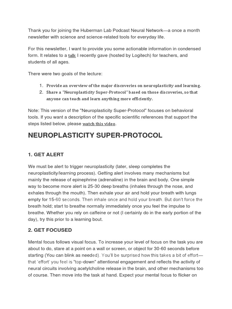 Neuroplasticity Protocol Huberman | PDF | Reward System | Brain