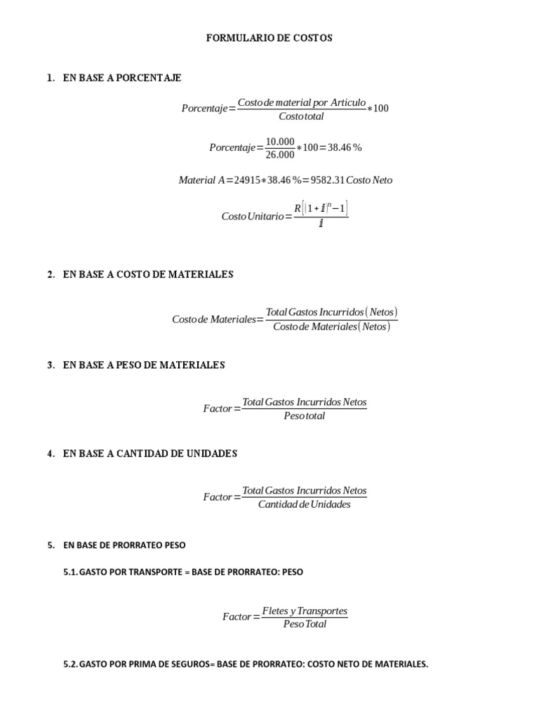 FORMULARIO DE COSTOS | PDF