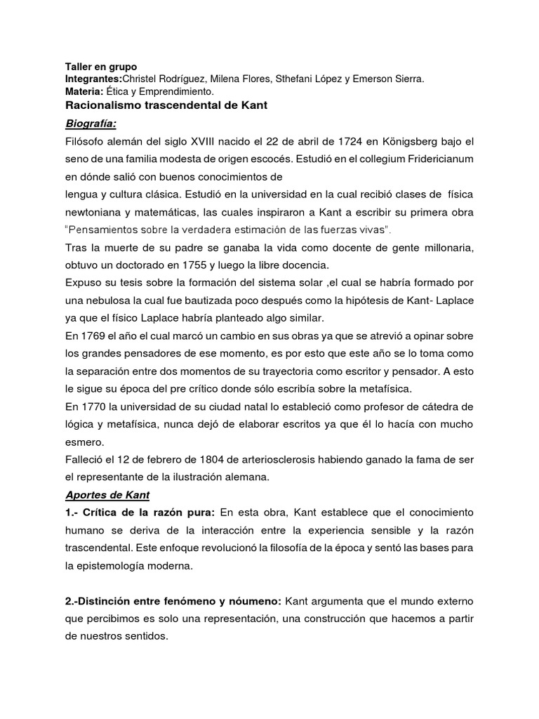 Racionalismo Transcendental de Kant | PDF | Immanuel Kant | Conocimiento