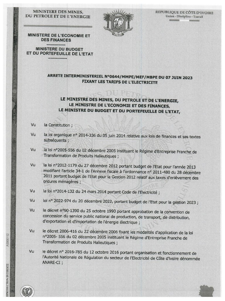 Arrete Interministeriel N° 0644 MMPE MEF MBPE Du 7 Juin 2023 Fixant Les ...
