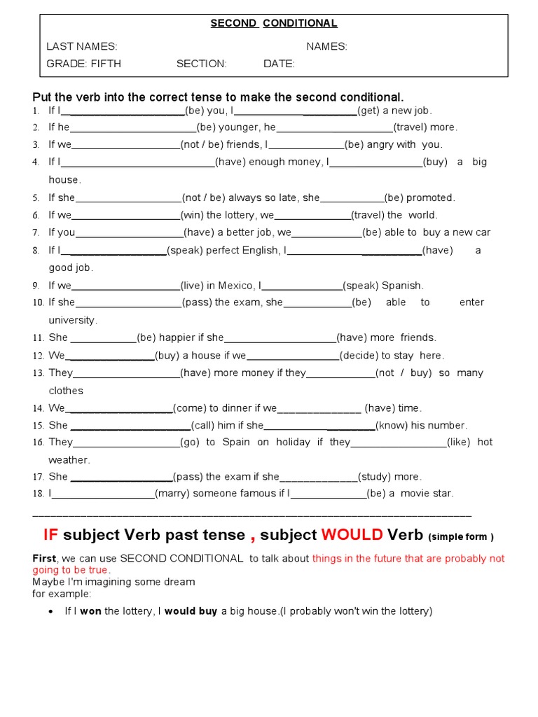 5° Worksheet Second - Conditional - Form STUDENTS | PDF | Grammatical ...