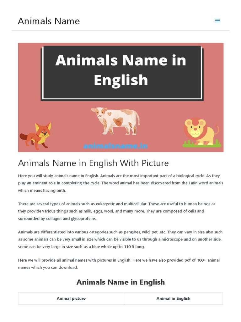 Animal Names with Pictures and PDF | PDF | Dogs | Giraffe