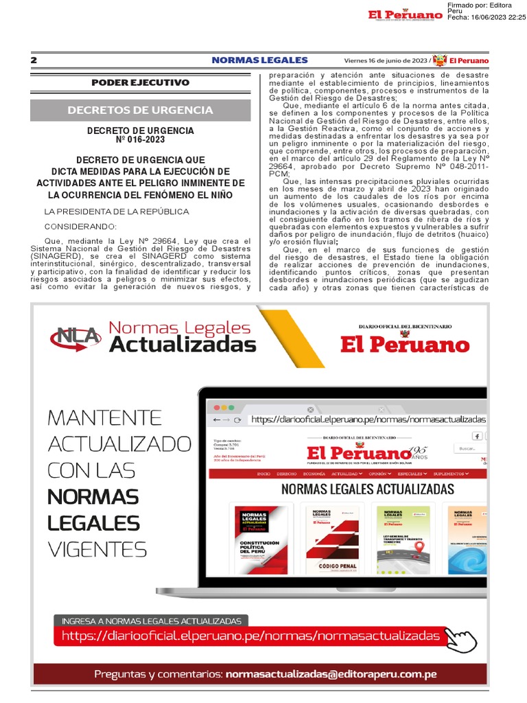 Decreto de Urgencia #016-2023 | PDF | El niño | Riesgo