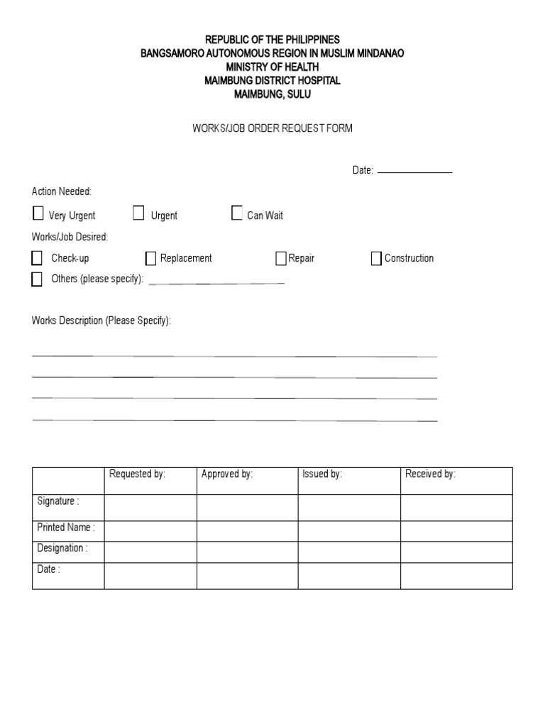 Job Order Request Form - Maimbung Hospital | PDF