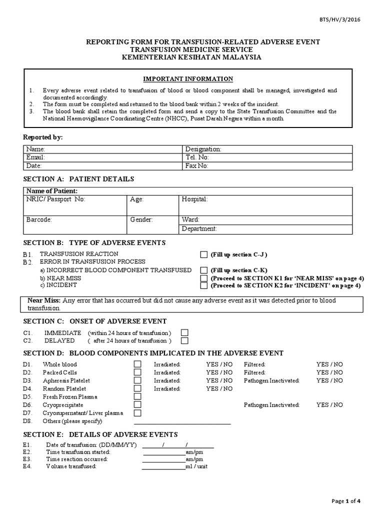 Appendix 20 Reporting Form For Transfusion Related Adverse Event | PDF ...
