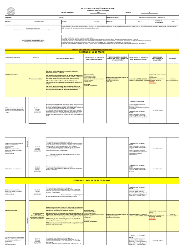 Programa analítico P3 y P8 (MIÉRCOLES LABORATORIO) | PDF | Fuerza | Las leyes del movimiento de ...