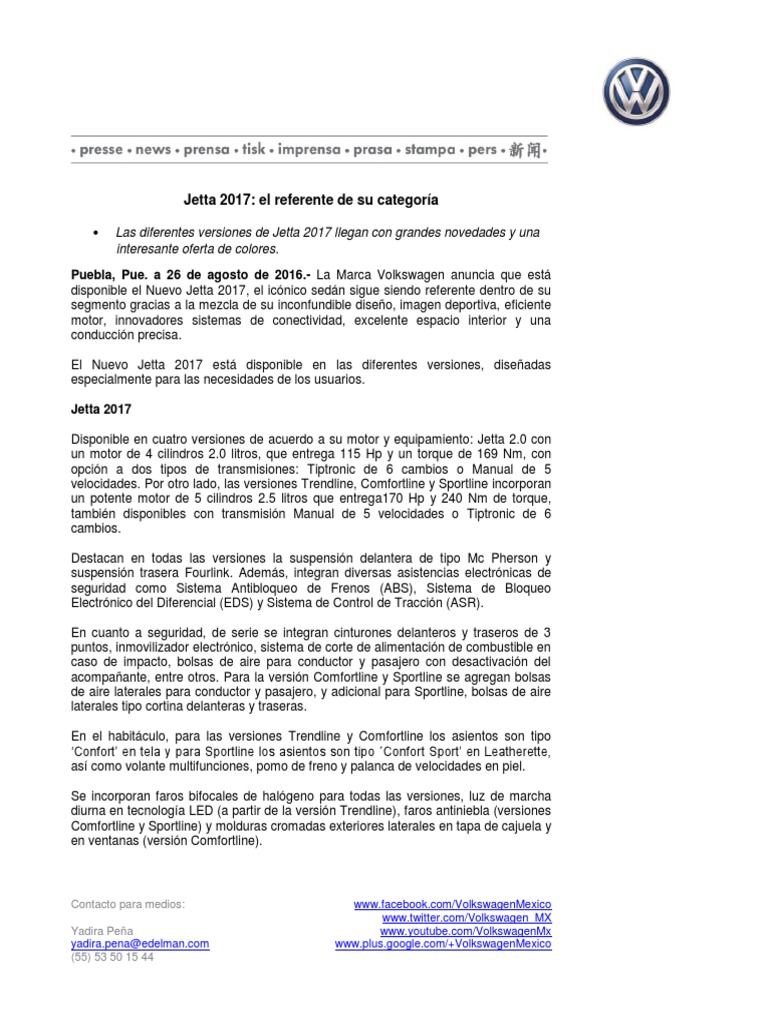 Bolet - N de Prensa - Volkwagen Jetta 2017 | PDF | Industria automotriz ...
