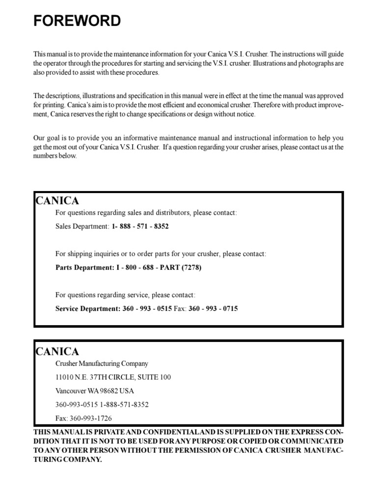 MANUAL DE PARTES Y OPERACIÓN DE TRITURADORA VSI CANICA MODELO 65 | PDF ...
