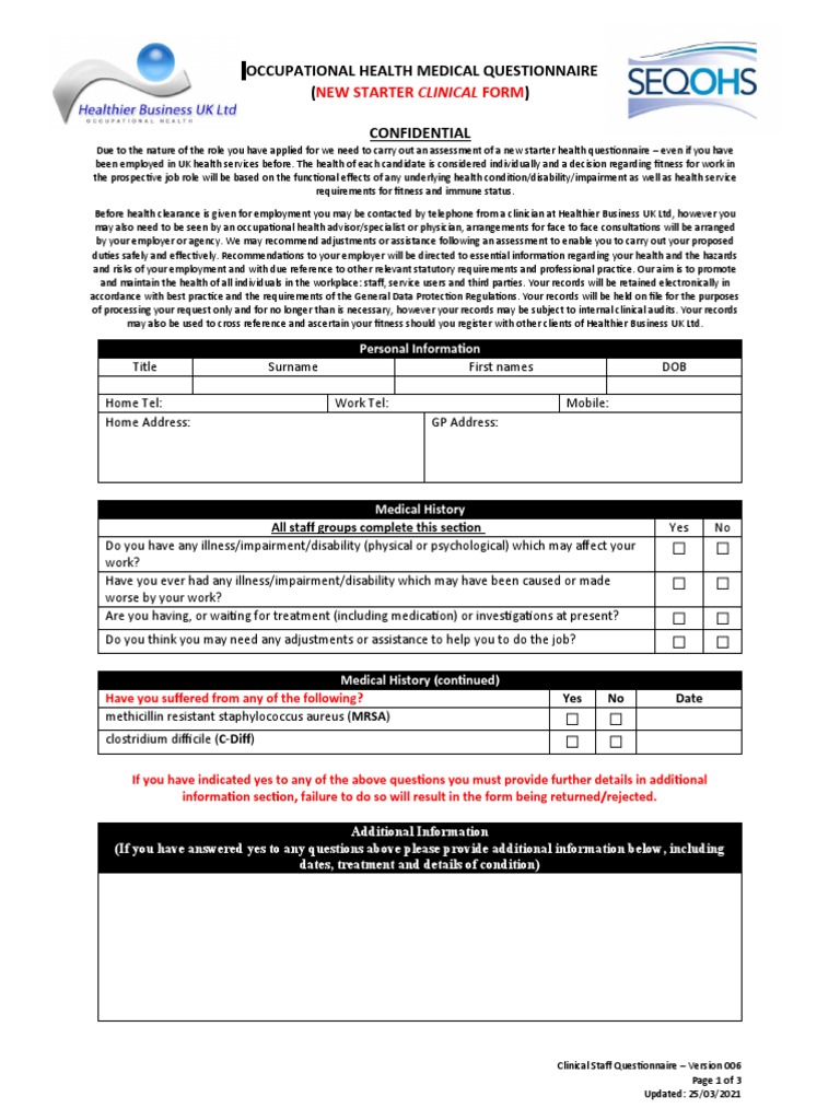 Clinical Staff Questionnaire | PDF