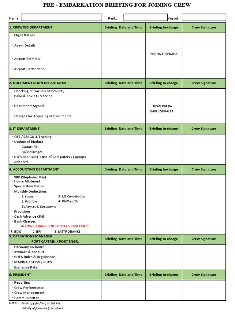 Pre Embarkation Briefing | PDF