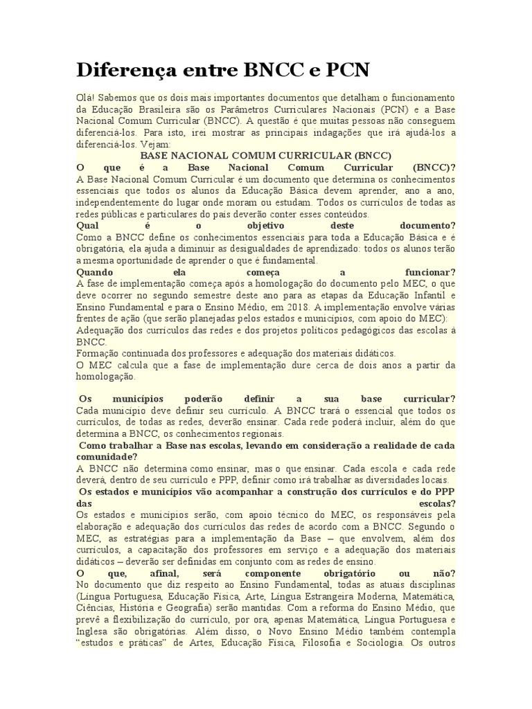 Diferença Entre BNCC e PCN | PDF | Pedagogia | Aprendizado