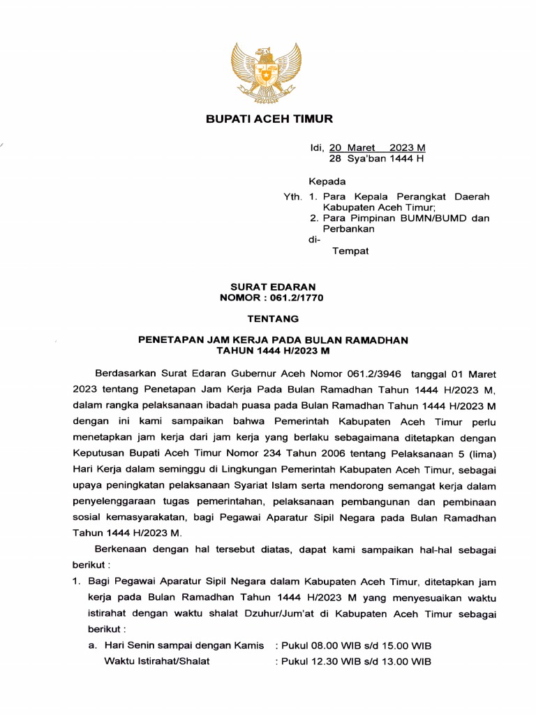 SE - Penetapan Jam Kerja Pada Bulan Ramadhan Tahun 1444 H-2023 M | PDF