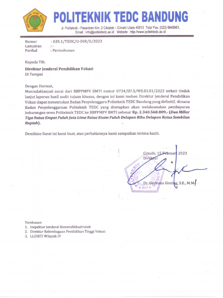 BMTI - Surat Permohonan DIksi Tidak Ada Temuan Aset Negara - Kesediaan ...