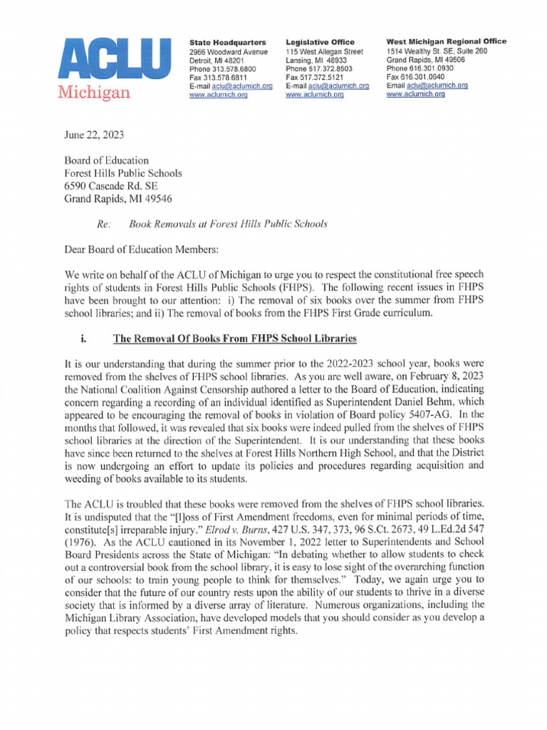 ACLU Letter to Forest Hills Public Schools | PDF | Freedom Of ...