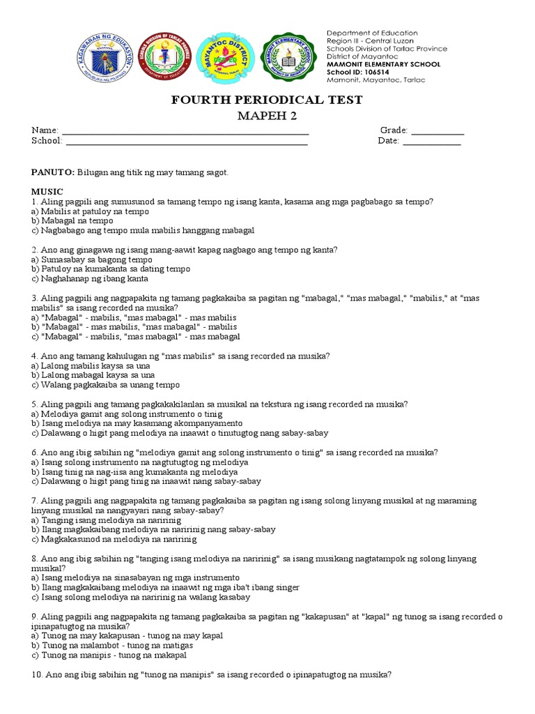 Mapeh 2 Periodical Test Quarter 4 | PDF