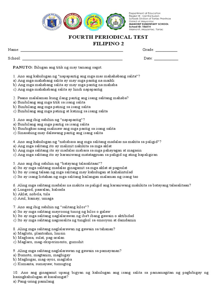 Filipino 2 Periodical Test Quarter 4 | PDF