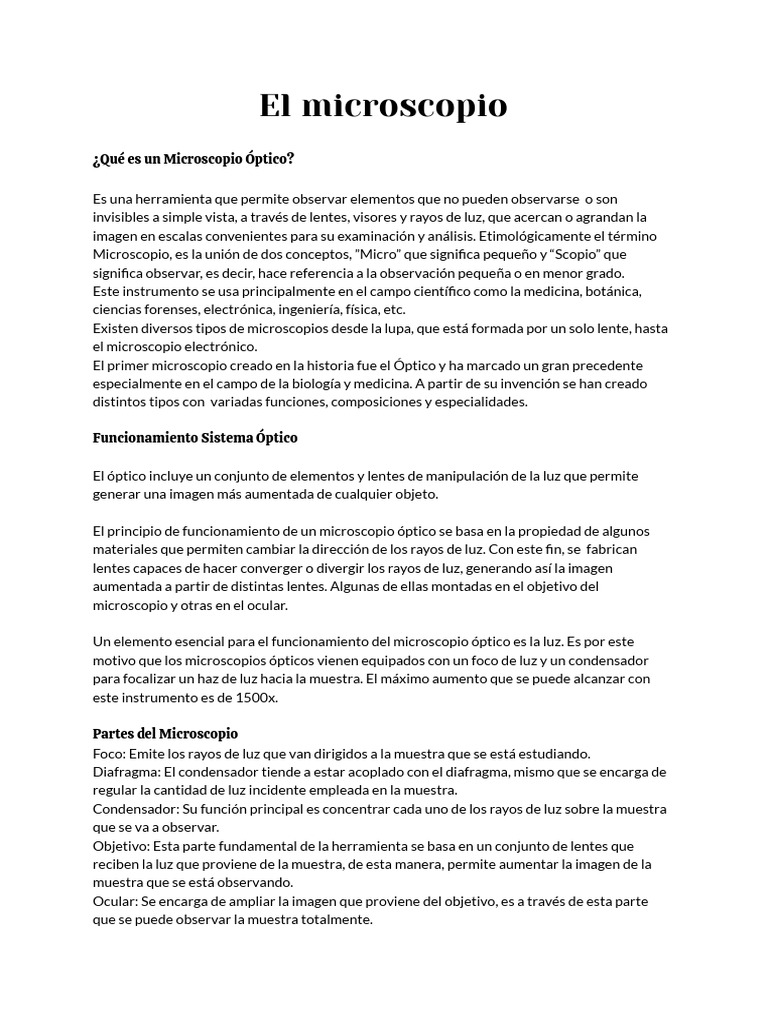 Microscopio Óptico: Funcionamiento y Partes | PDF | Microscopio | Óptica