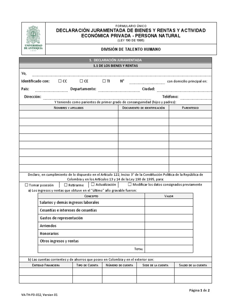 Formato Declaración Juramentada de Bienes y Rentas - Ley 190.v01 - Editable Mayo 2019 | PDF ...