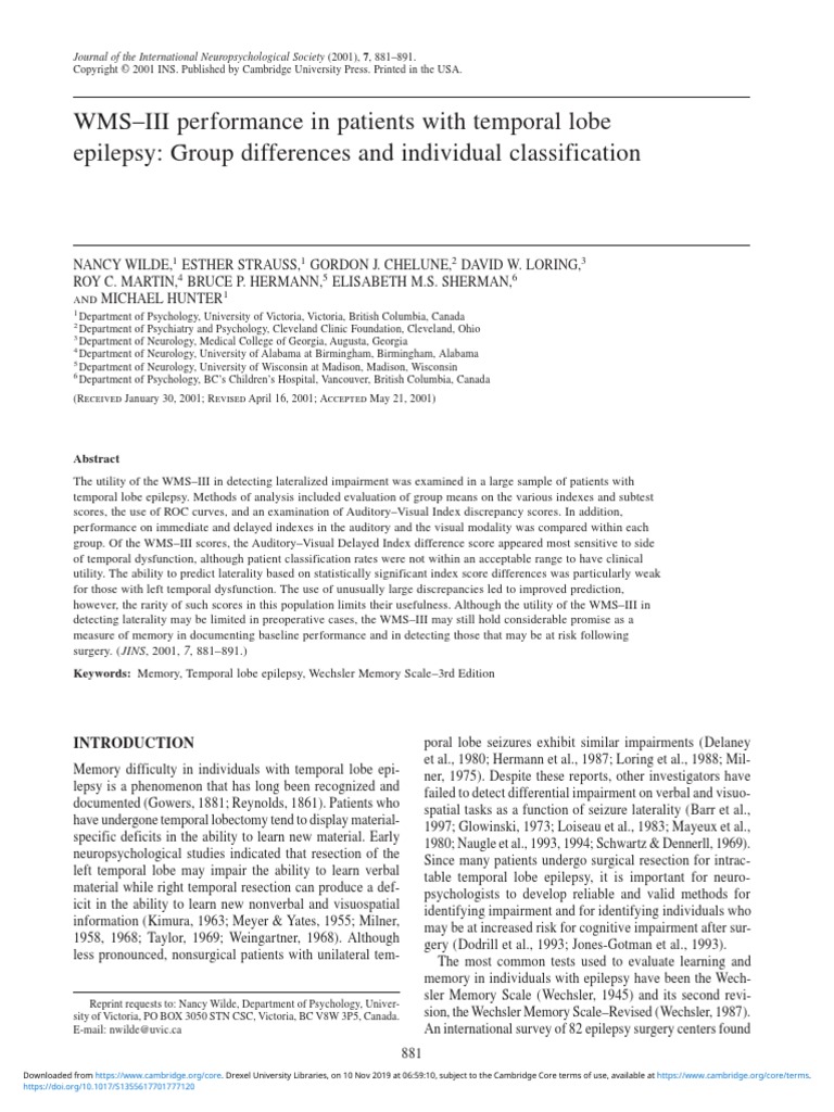WMS-III Performance in Patients With Temporal Lobe Epilepsy-Group Differences and Individual ...