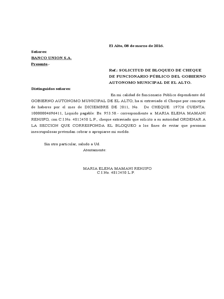 Carta Notariada A Bancos Por Extravio Cheque | PDF | Pagos | Justicia