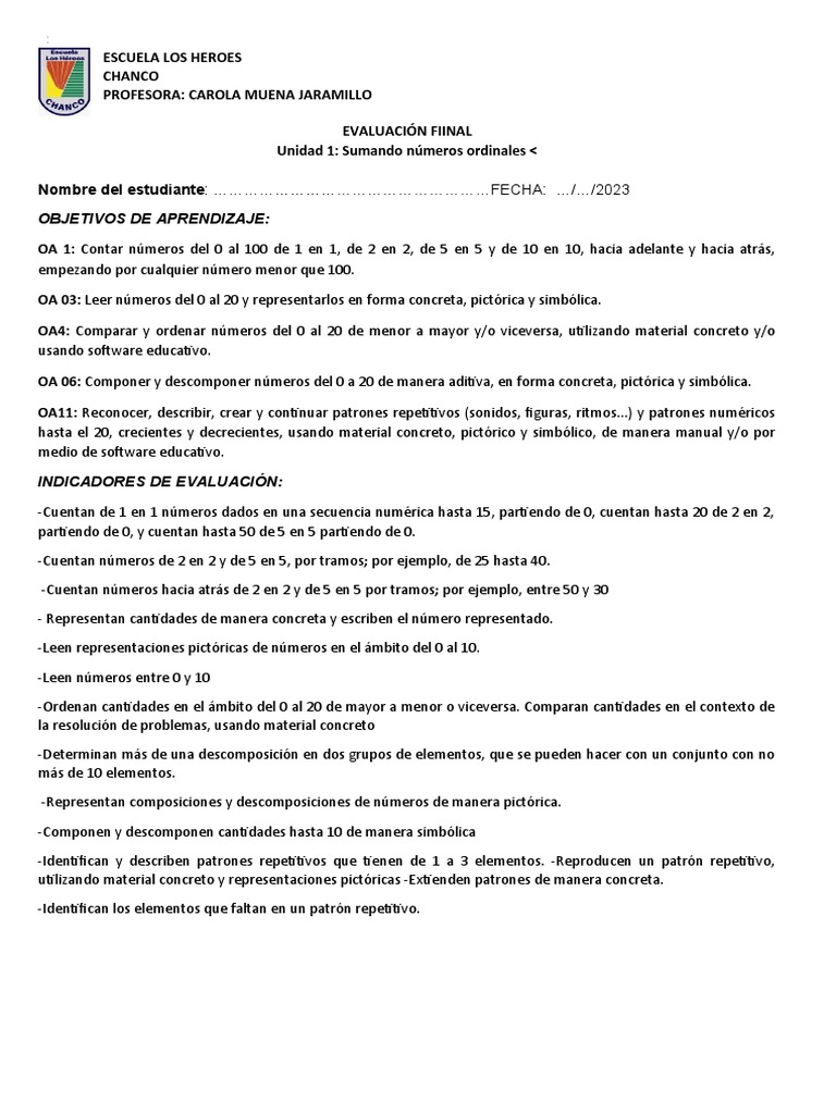 Evaluacion Final Matematicas Unidad 1 | PDF