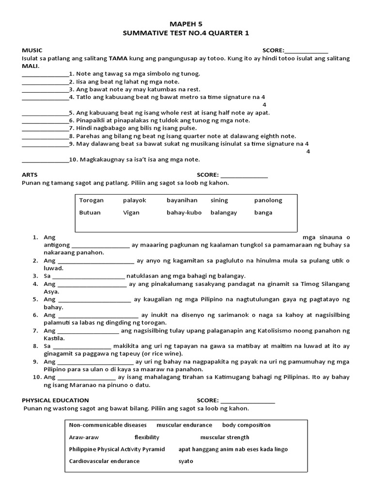 Mapeh 5-Summative Test 4-Quarter 1 | PDF