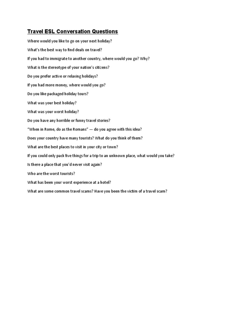 Travel ESL Conversation Questions | PDF