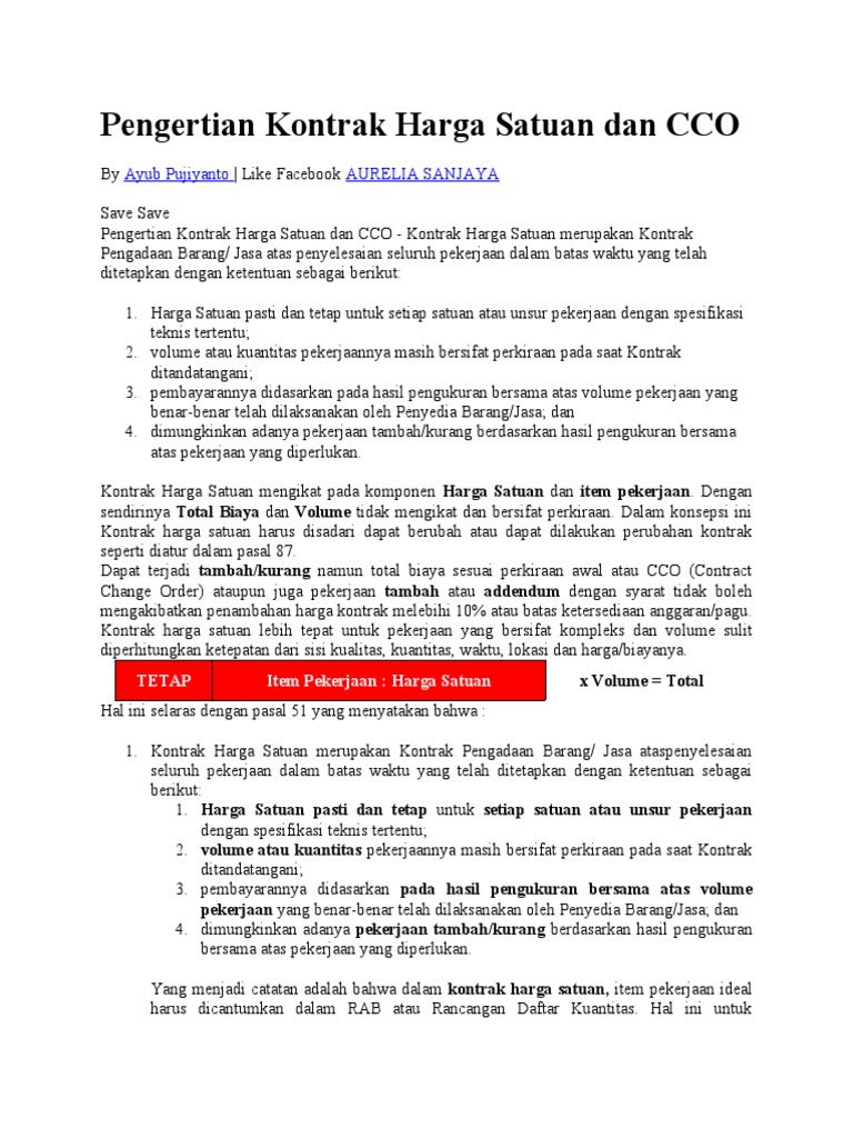 Pengertian Kontrak Harga Satuan Dan CCO | PDF