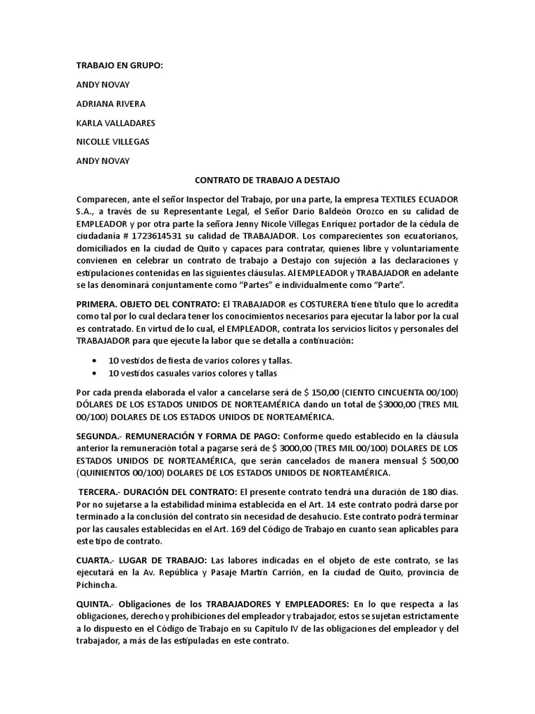 Contrato de Trabajo a Destajo en Ecuador | PDF | Justicia | Crimen y ...