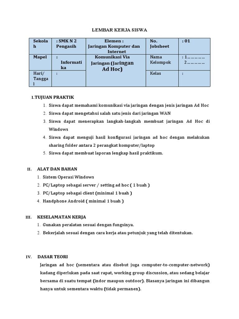 Jobsheet 01-Komunikasi Via Jaringan (Jaringan Ad Hoc) | PDF