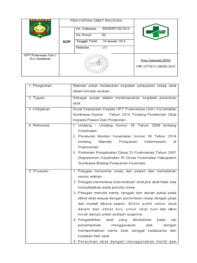 SOP Peracikan Obat di Puskesmas | PDF