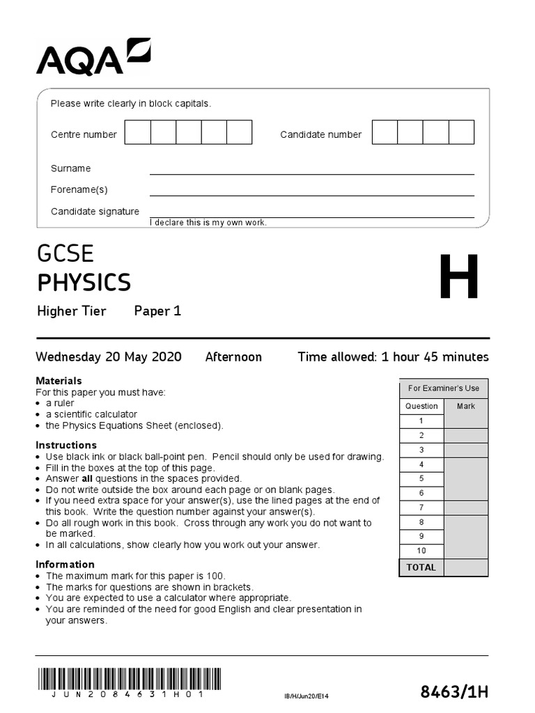 Aqa Gcse Nov2020 Physics Paper 1h Qp | PDF | Nuclear Power ...