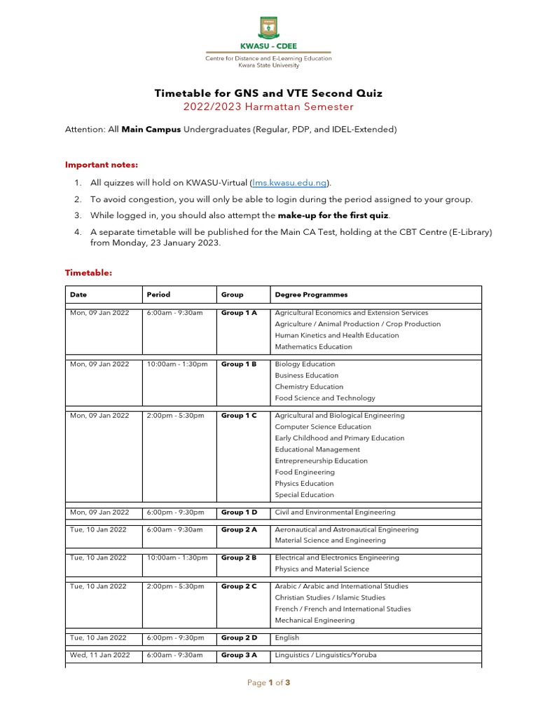 GNS VTE 2nd Quiz Timetable - 22 - 23 H-Sem - Jan 2023 | PDF | Engineering | Science
