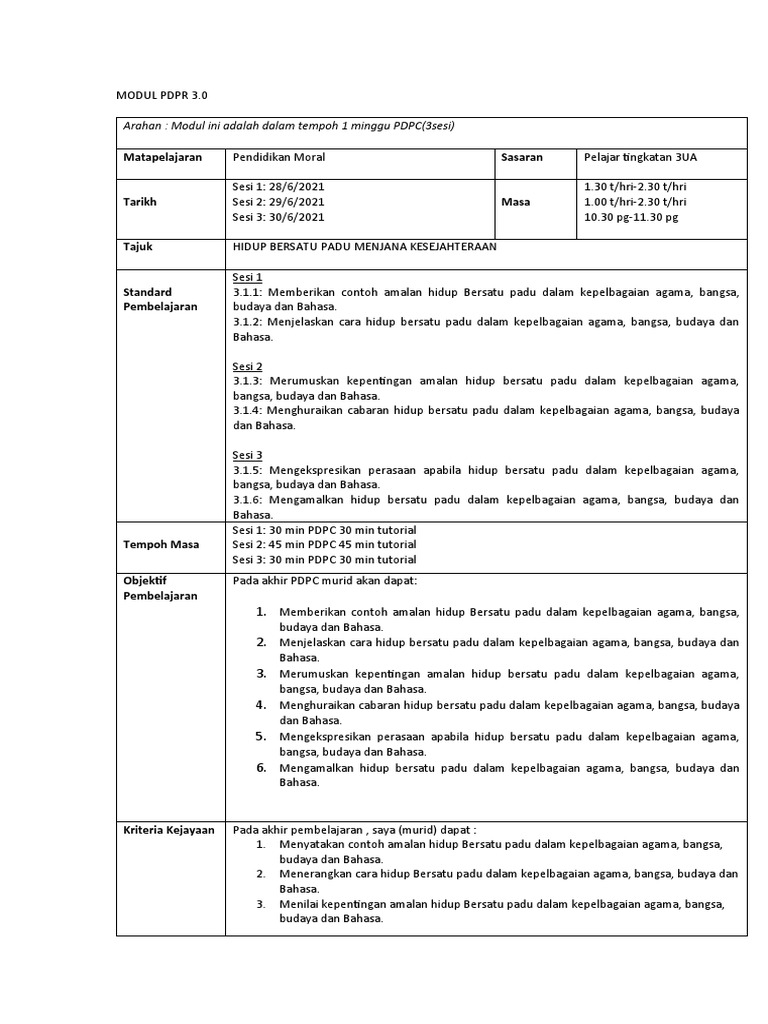Contoh Rangka Modul PDPR 3.0 | PDF