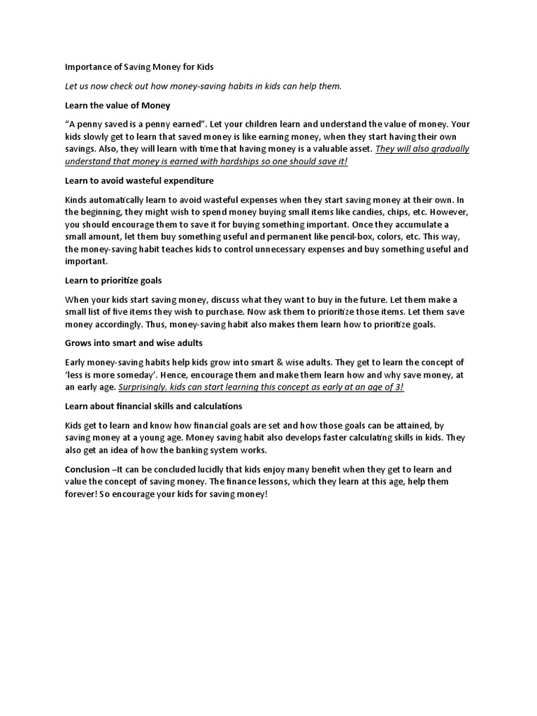 Importance of Saving Money for Kids | PDF
