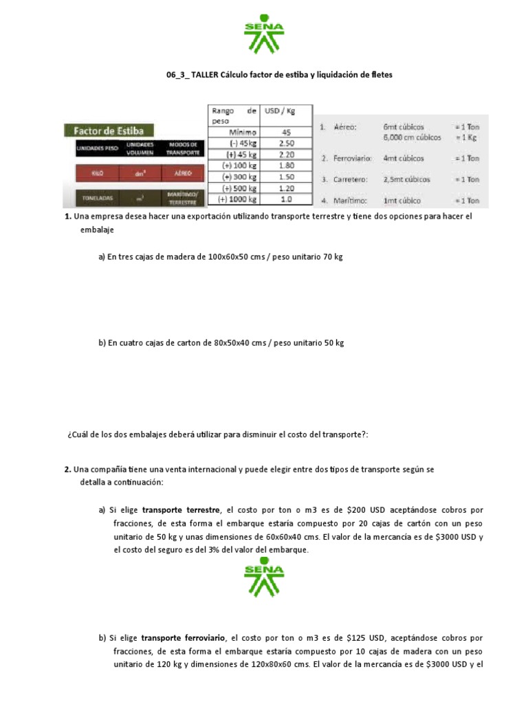 06 3 TALLER Cálculo Factor de Estiba y Liquidación de Fletes SMR | PDF ...