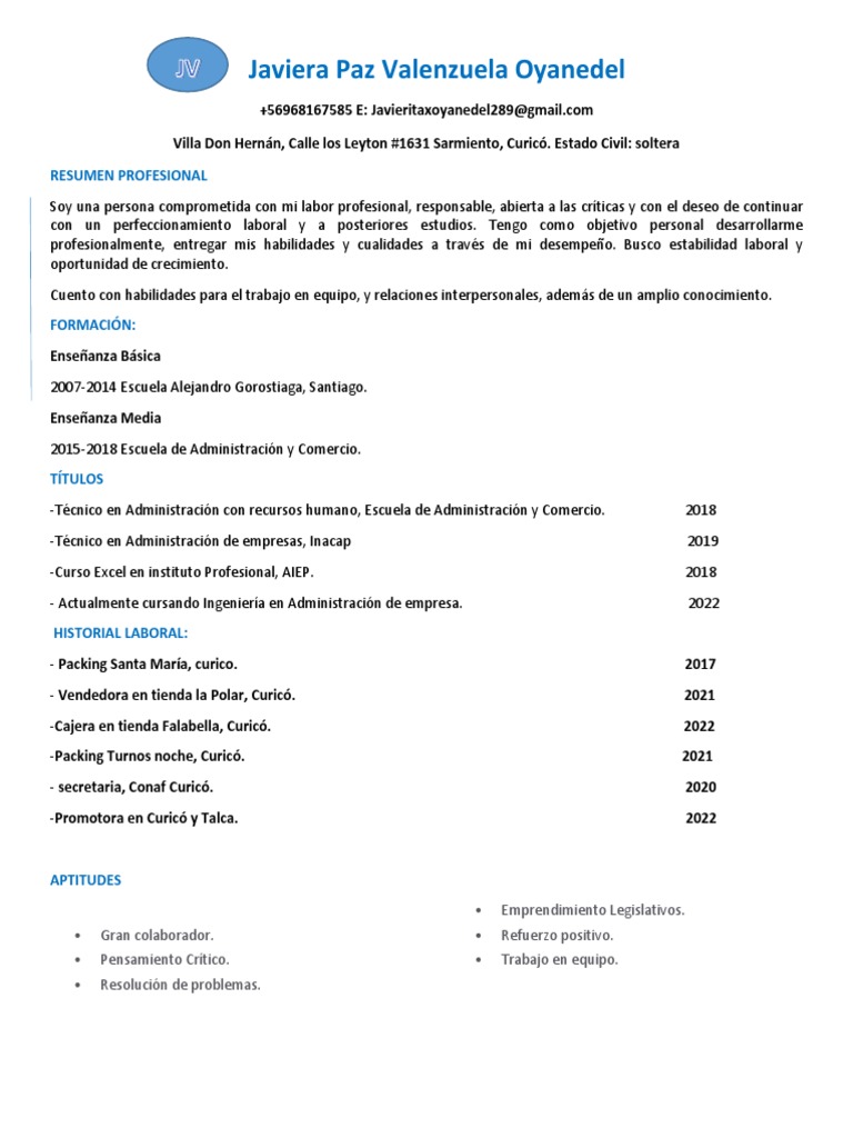 Curriculum Javiera Valenzuela | PDF