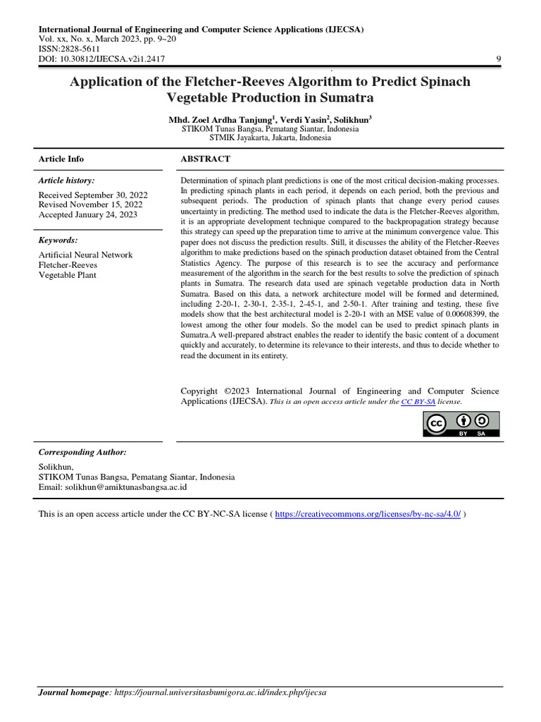 IJECSA - Application of The Fletcher-Reeves Algorithm To Predict Spinach Vegetable Production in ...