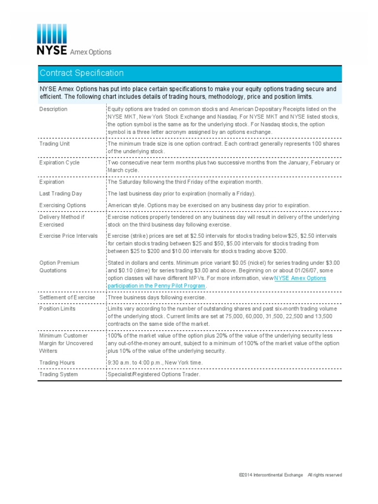 NYSE Amex Options Trading Specifications | PDF | Option (Finance) | Stocks