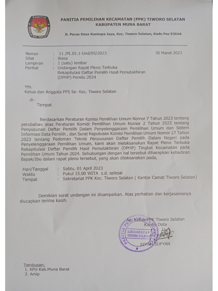 Undangan Utk PPS Terkait Pleno DPHP Tingkat Kecamatan | PDF