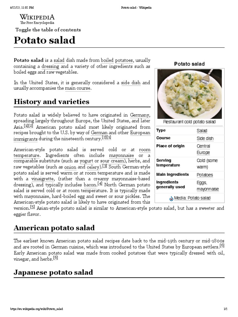Potato Salad - Wikipedia | PDF | Salad | Food Ingredients