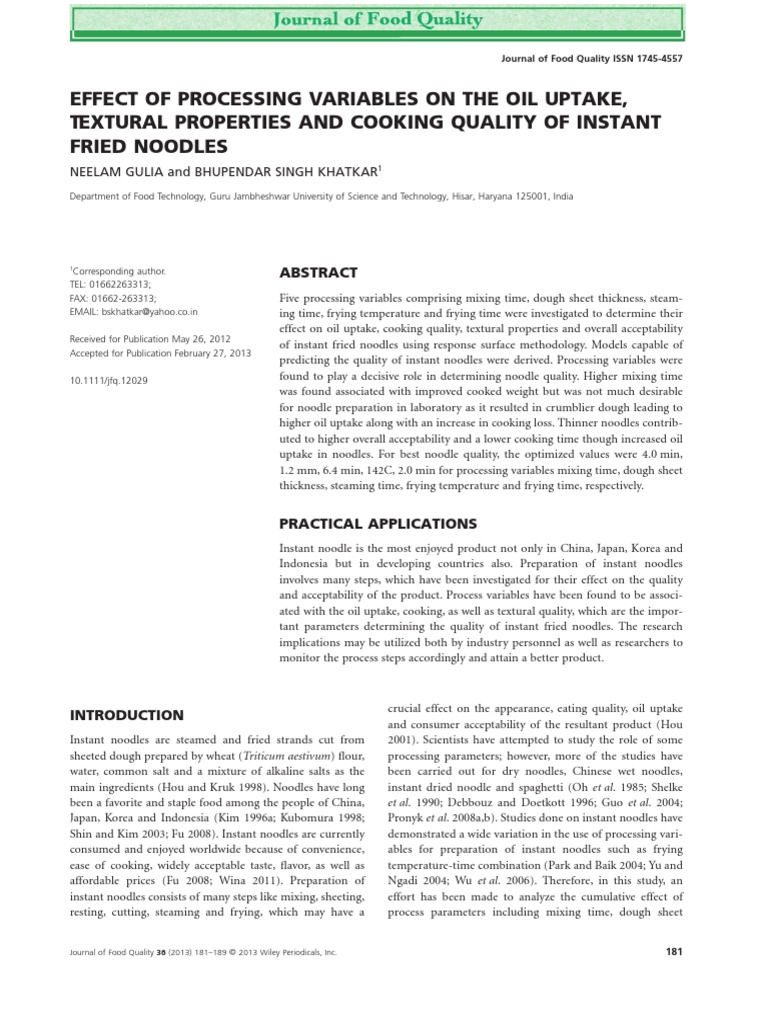 Effect of Processing Variables On The Oil Uptake, Textural Properties and Cooking Quality of ...