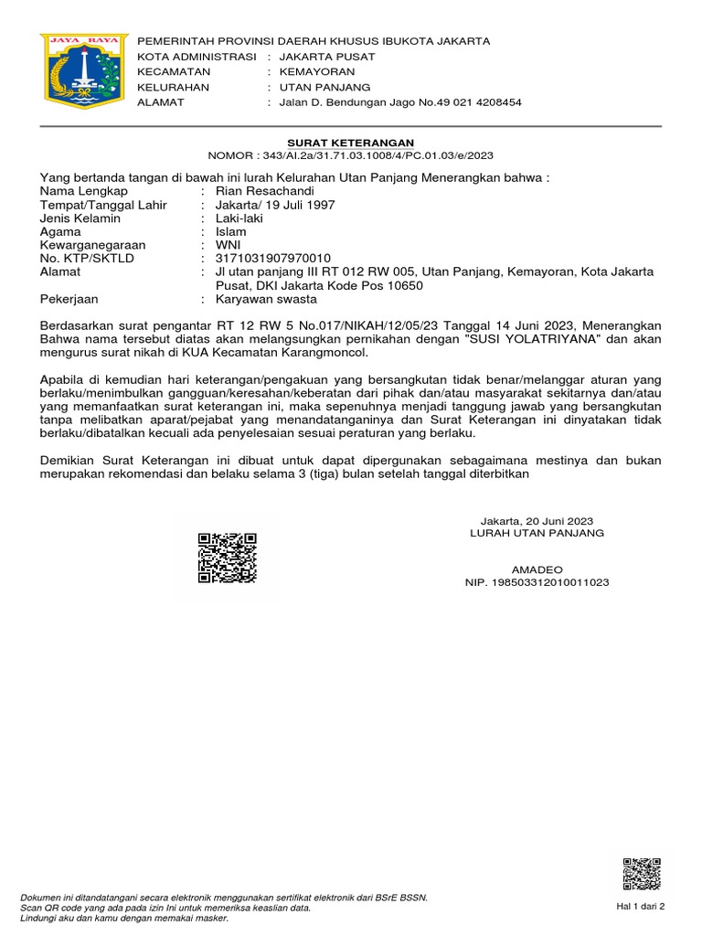 Surat Keterangan Nikah Rian Resachandi | PDF