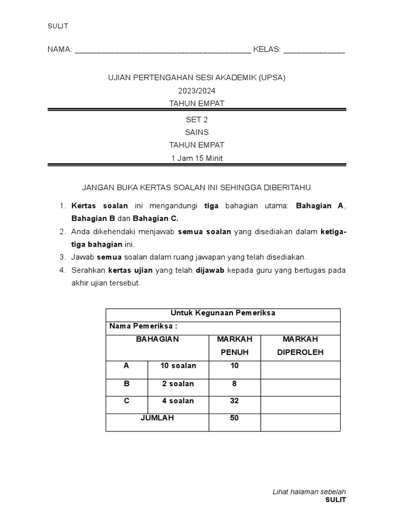 TP1484 - 2 Set Kertas Sains Tahun 4 Upsa Sesi 202320245 | PDF