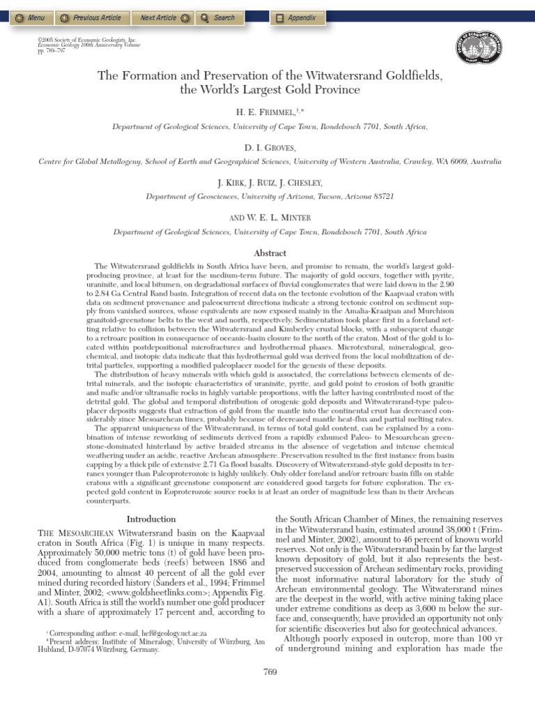 H. E. Frimmel-The Formation and Preservation of The Witwatersrand ...