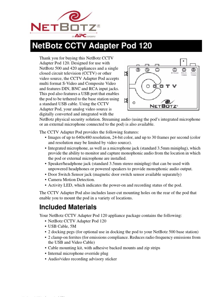 Netbotz CCTV Adapter Pod 120: Included Materials | PDF | Closed Circuit ...