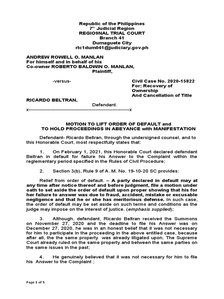 Beltran - Motion To Lift Order of Default and Hold Proceedings in ...