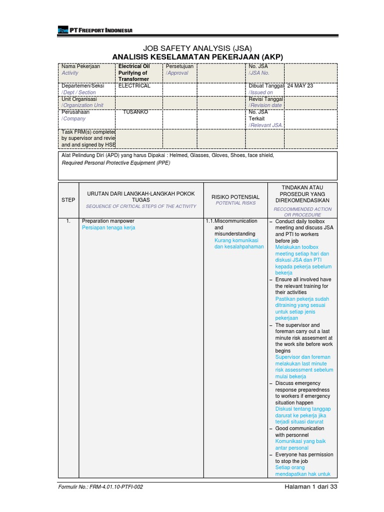 JSA For Oil Purifiying of Transformer - Rev2 - 2 | PDF