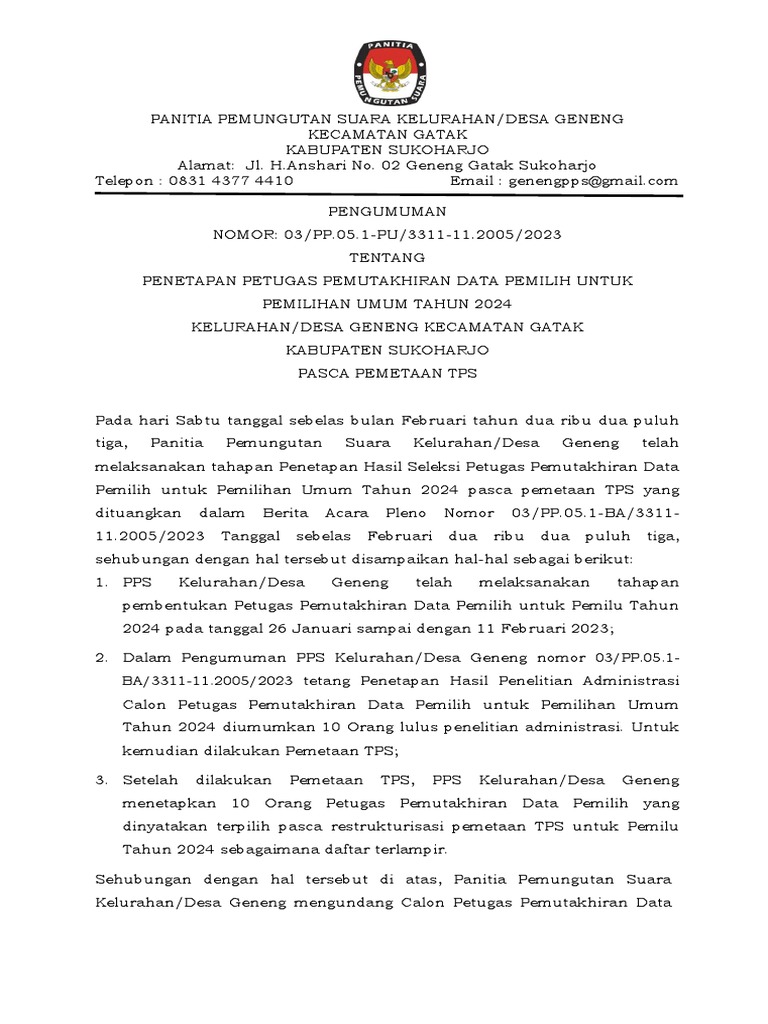 Contoh Rev PENGUMUMAN HASIL PANTARLIH PASCA PEMETAAN TPS | PDF